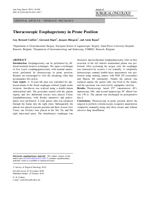 (PDF) Thoracoscopic Esophagectomy in Prone Position