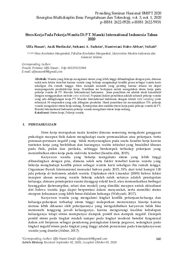 (PDF) Stres Kerja Pada Pekerja Wanita Di PT. Maruki International Indonesia Tahun 2020
