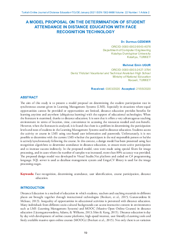 (PDF) Model Proposal on the Determination of Student Attendance in Distance Education with Face ...