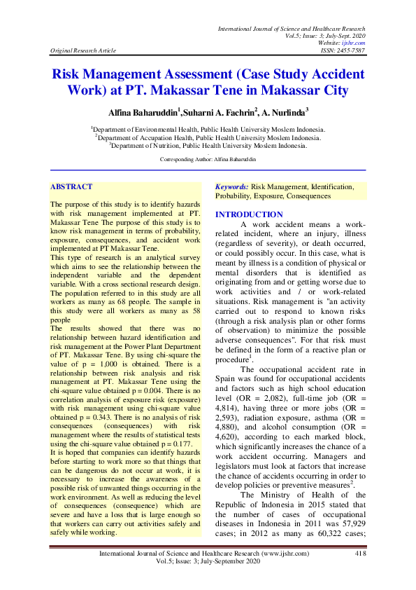 (PDF) Risk Management Assessment (Case Study Accident Work) at PT ...