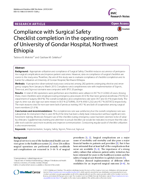 (PDF) Compliance with Surgical Safety Checklist completion in the ...
