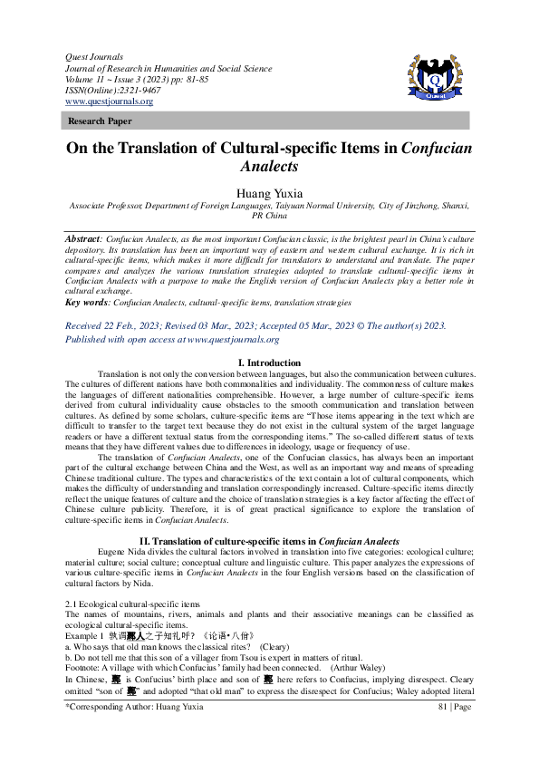 (PDF) On the Translation of Cultural-specific Items in Confucian Analects