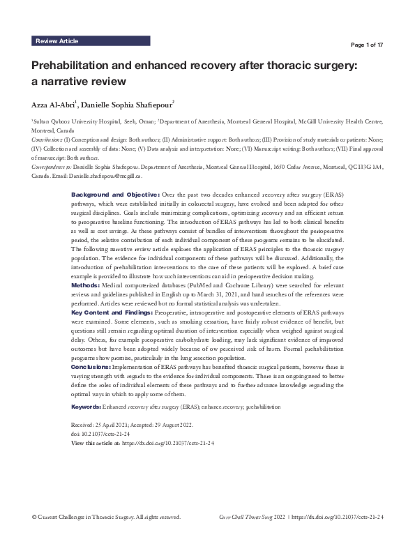 (PDF) Prehabilitation and enhanced recovery after thoracic surgery: a ...