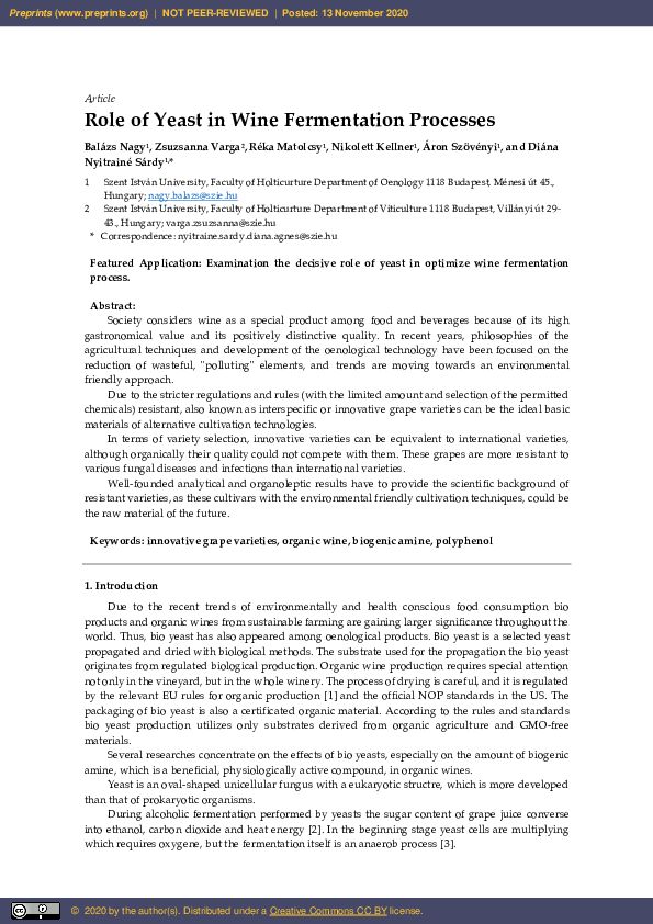 (PDF) Role of Yeast in Wine Fermentation Processes