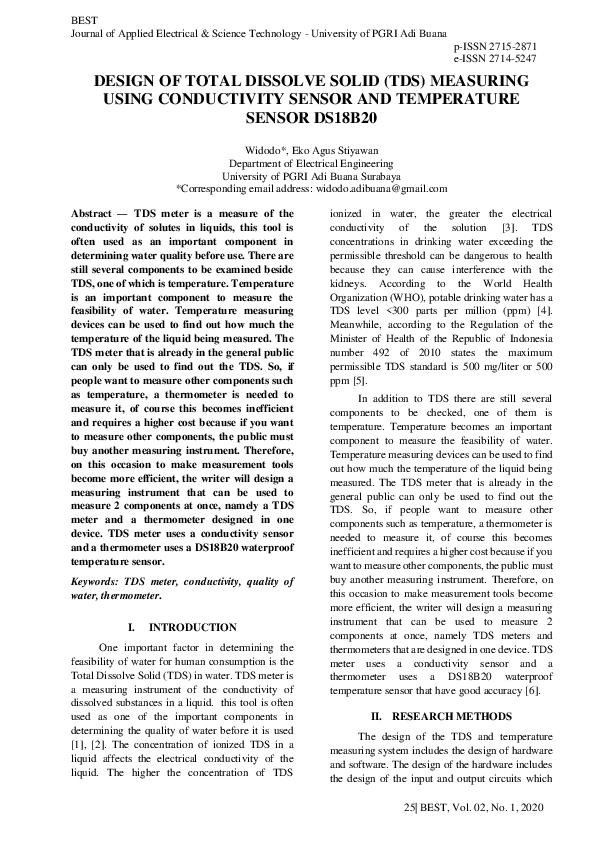 (PDF) Design of Total Dissolve Solid (TDS) Measuring Using Conductivity ...