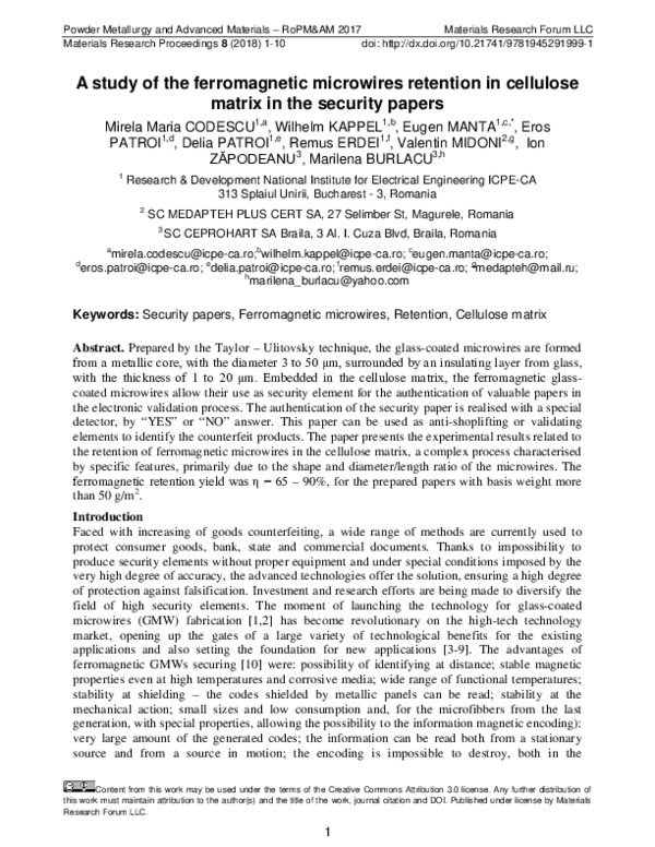 (PDF) Ferromagnetic Microwires in Cellulose Matrix