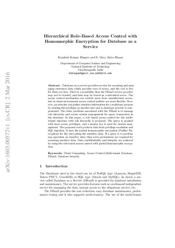 Pdf Hierarchical Role Based Access Control With Homomorphic Encryption For Database As A Service