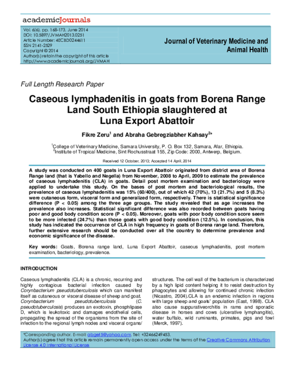 (PDF) Caseous lymphadenitis in goats from Borena Range Land South ...