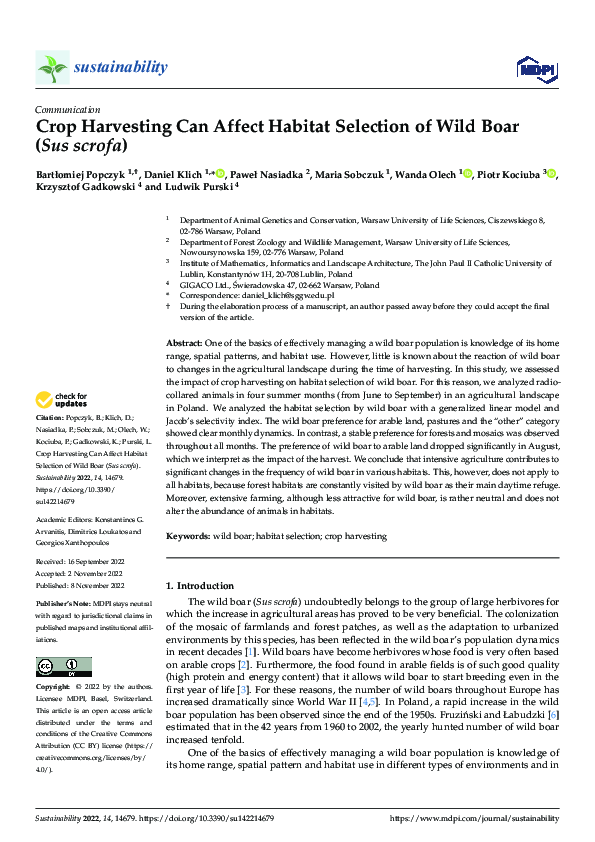 (PDF) Crop Harvesting Can Affect Habitat Selection of Wild Boar (Sus ...