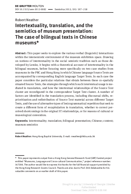 (PDF) Intertextuality, translation, and the semiotics of museum ...