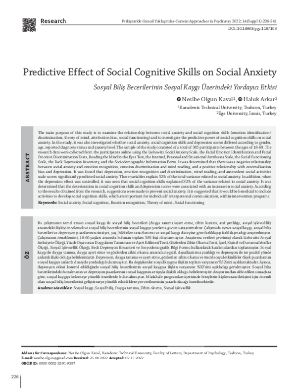 Pdf Predictive Effect Of Social Cognitive Skills On Social Anxiety