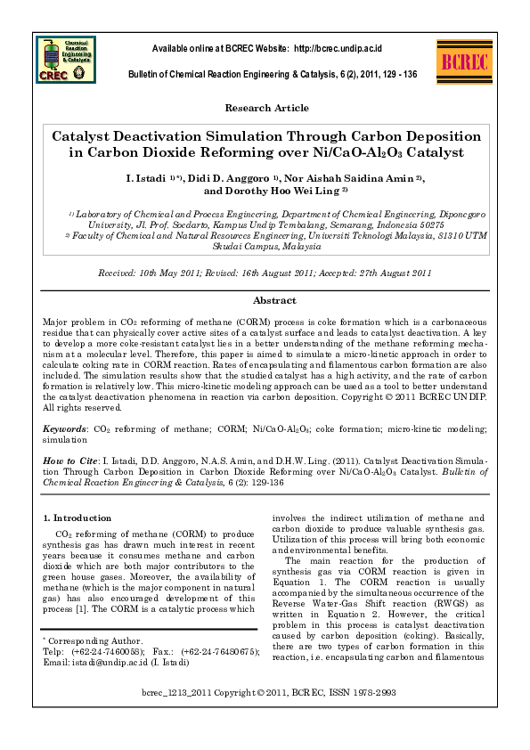 (PDF) Catalyst Deactivation Simulation Through Carbon Deposition in Carbon Dioxide Reforming ...