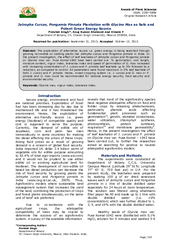(PDF) Jatropha Curcas, Pongamia Pinnata Plantation with Glycine Max as ...