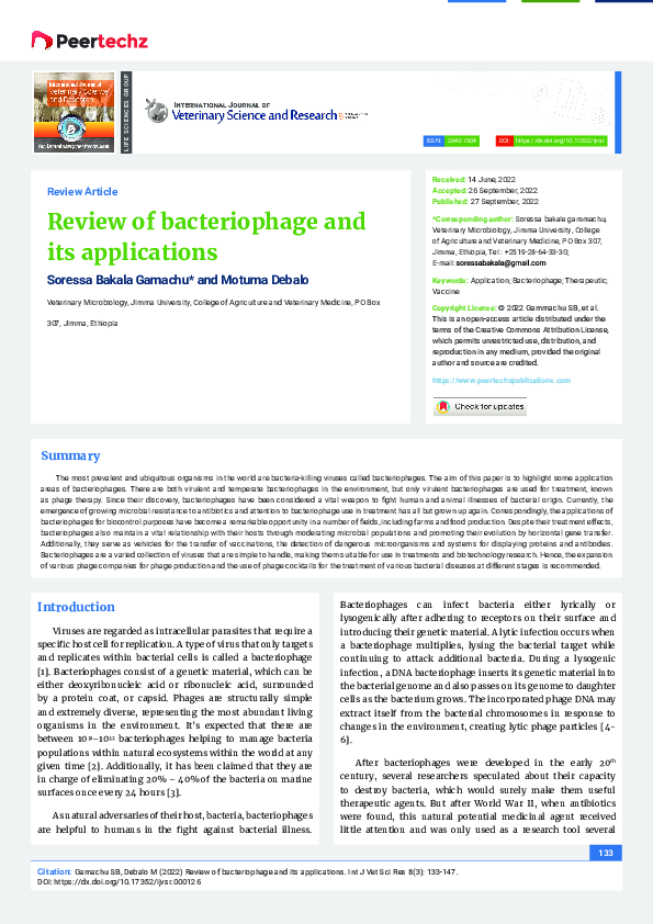 (PDF) Review of bacteriophage and its applications