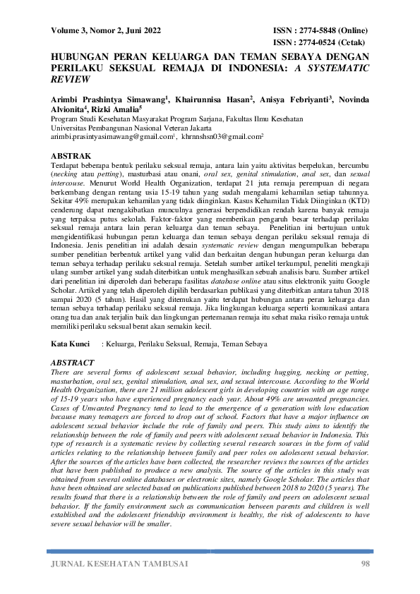 (PDF) Hubungan Peran Keluarga Dan Teman Sebaya Dengan Perilaku Seksual Remaja DI Indonesia: A ...