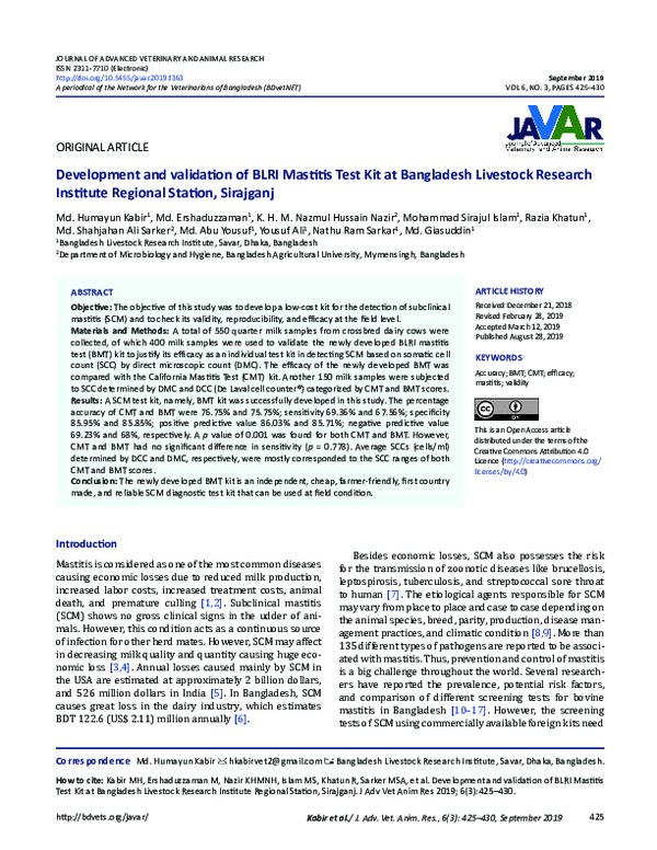 (PDF) Development and validation of BLRI Mastitis Test Kit at ...