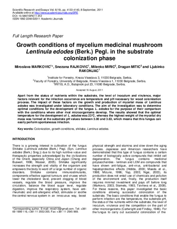 (PDF) Growth conditions of mycelium medicinal mushroom Lentinula edodes ...