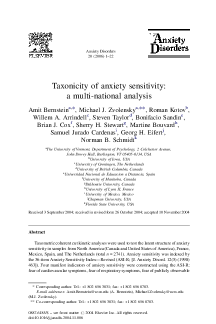 (PDF) Taxonicity of anxiety sensitivity: a multi-national analysis