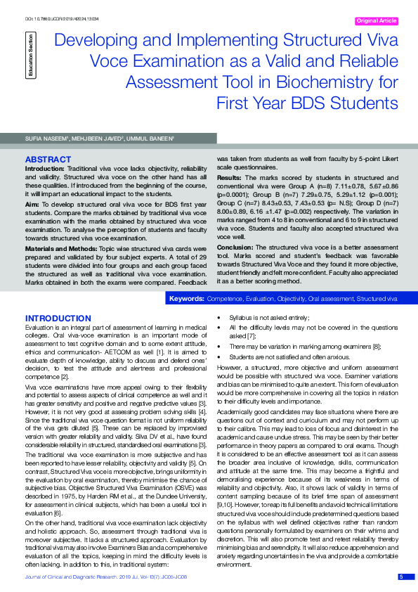 (PDF) Developing and Implementing Structured Viva Voce Examination as a Valid and Reliable ...