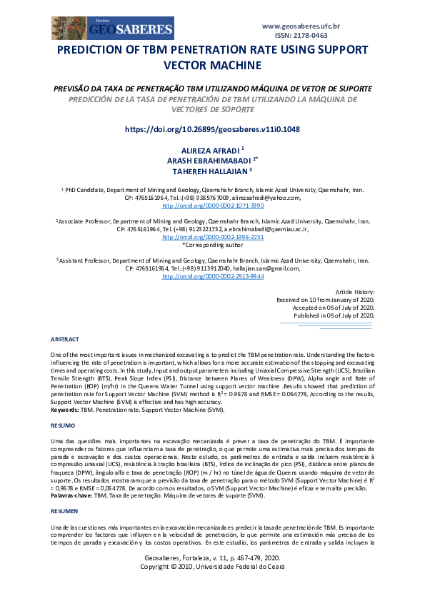 Pdf Prediction Of Tbm Penetration Rate Using Support Vector Machine