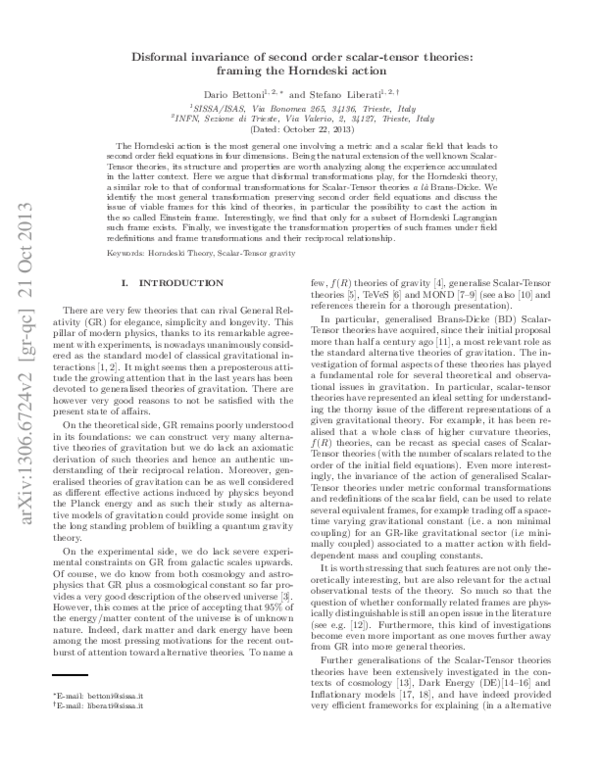 Pdf Disformal Invariance Of Second Order Scalar Tensor Theories Framing The Horndeski Action