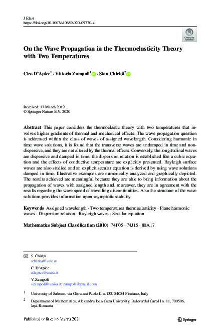 Pdf On The Wave Propagation In The Thermoelasticity Theory With Two Temperatures