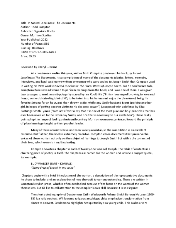 (DOC) Book Review: _In Sacred Loneliness: The Documents_ by Todd Compton