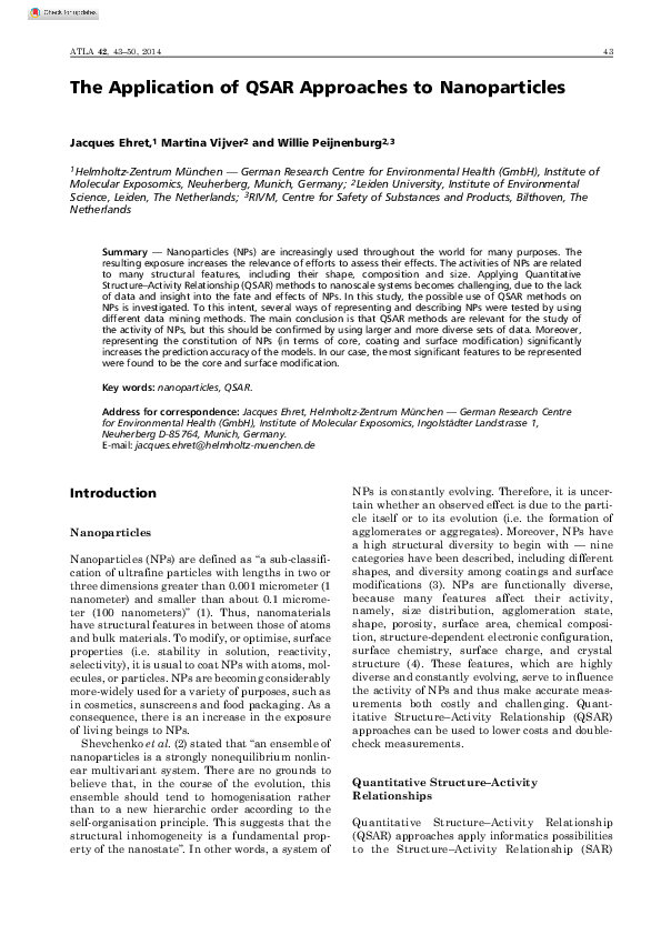 (PDF) The Application of QSAR Approaches to Nanoparticles