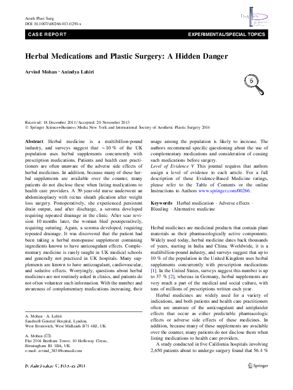 (PDF) Herbal Medications and Plastic Surgery: A Hidden Danger