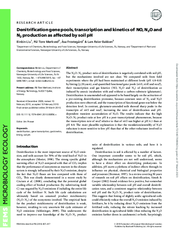 (PDF) Denitrification gene pools, transcription and kinetics of NO, N2O and N2 production as ...