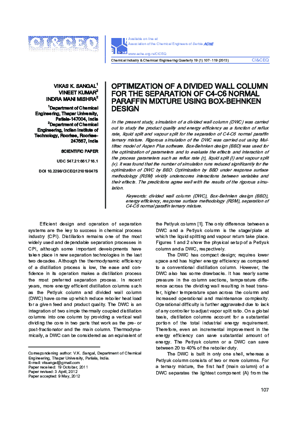 (PDF) Optimization of a divided wall column for the separation of C4-C6 ...