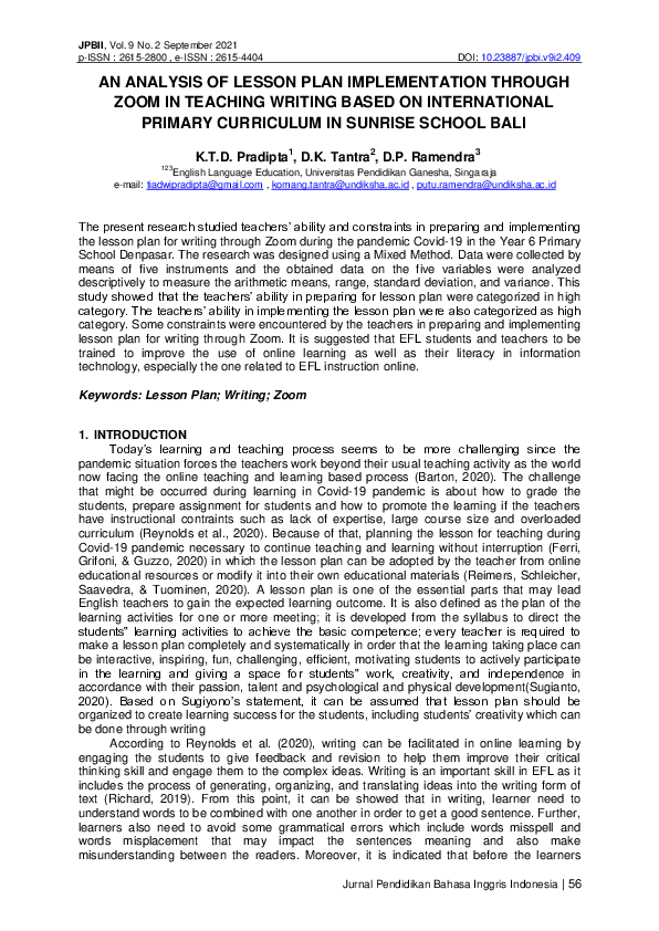 (PDF) An Analysis of Lesson Plan Implementation Through Zoom in Teaching Writing Based on ...