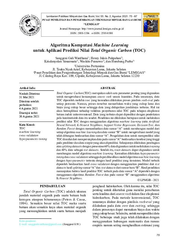 (PDF) Algoritma Komputasi Machine Learning untuk Aplikasi Prediksi Nilai Total Organic Carbon (TOC)