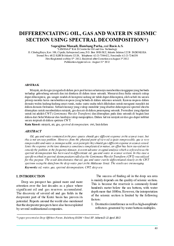 Pdf Differenciating Oil Gas And Water In Seismic Section Using Spectral Decomposition