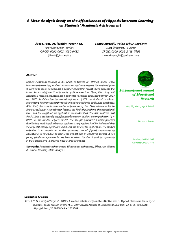 (PDF) A Meta-Analysis Study on the Effectiveness of Flipped Classroom Learning on Students ...