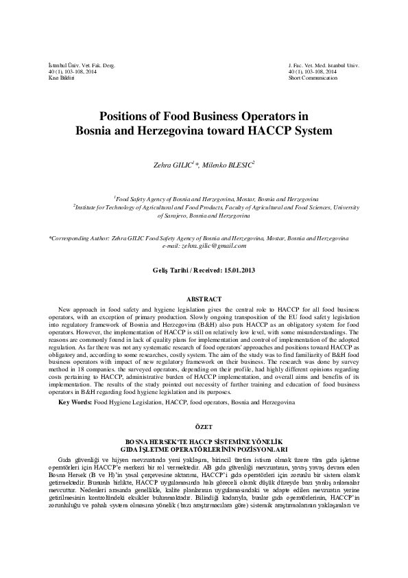 (PDF) Positions of Food Business Operators in Bosnia and Herzegovina ...