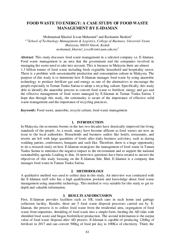 (PDF) Food waste to energy: a case study of food waste management by E ...