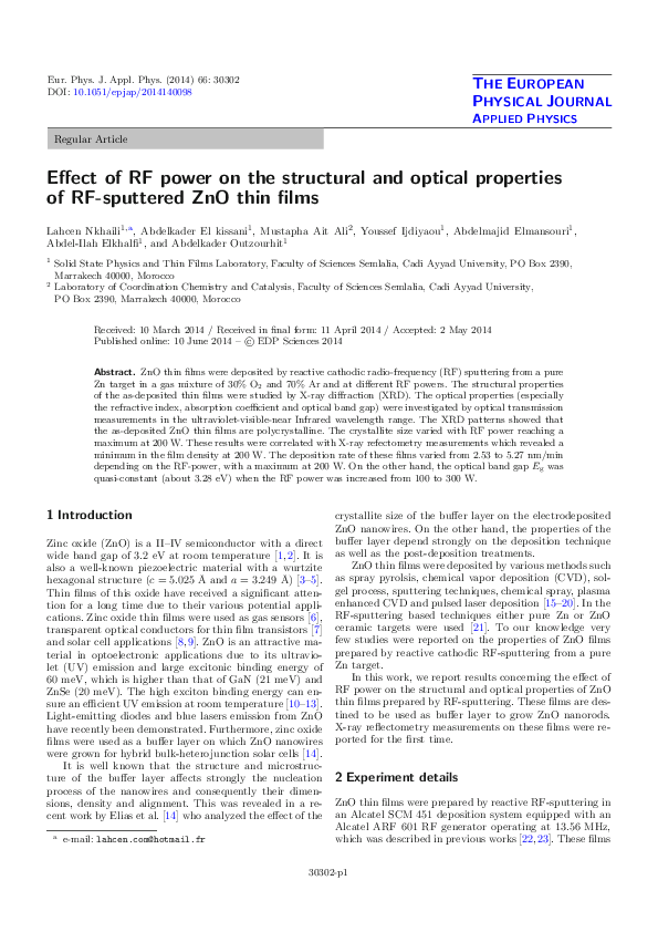 Pdf Effect Of Rf Power On The Structural And Optical Properties Of Rf Sputtered Zno Thin Films