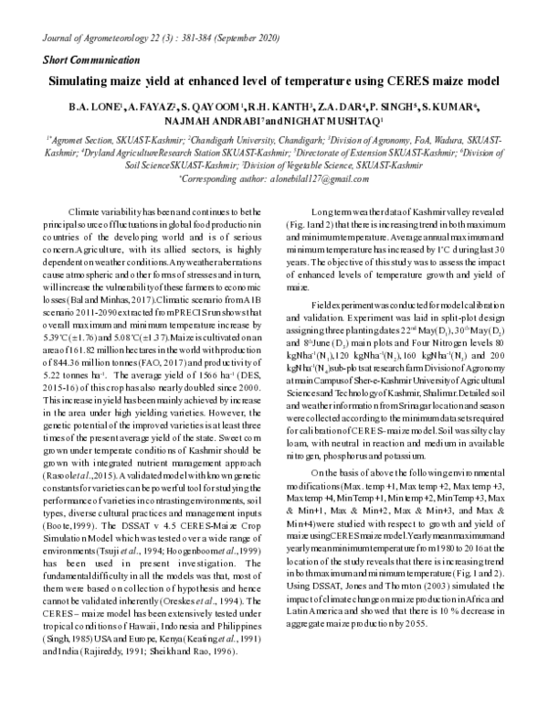 Pdf Simulating Maize Yield At Enhanced Level Of Temperature Using Ceres Maize Model