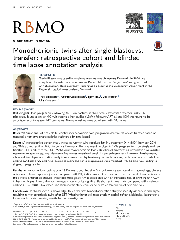 (PDF) Monochorionic twins after single blastocyst transfer ...