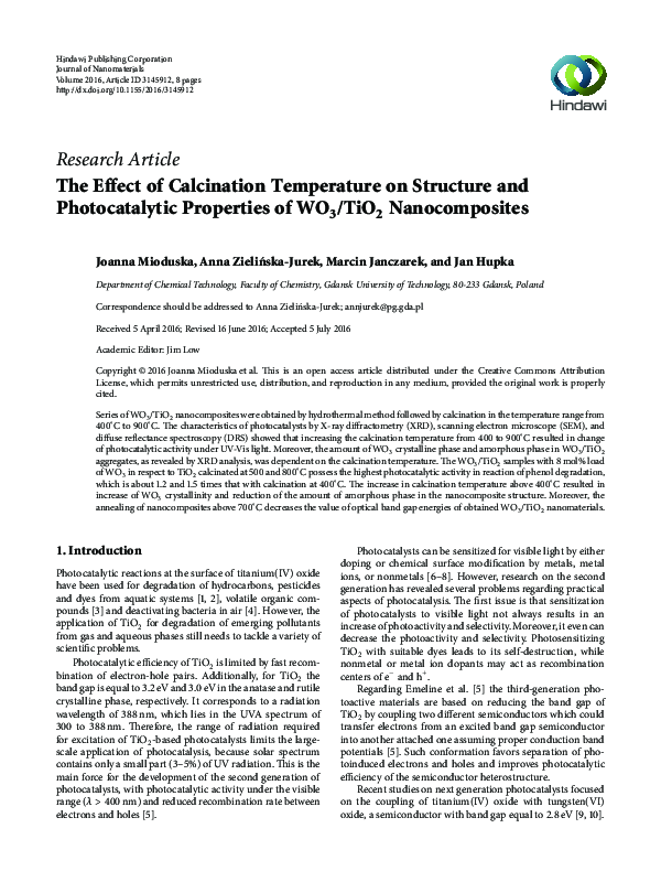 (PDF) The Effect of Calcination Temperature on Structure and Photocatalytic Properties of WO3 ...