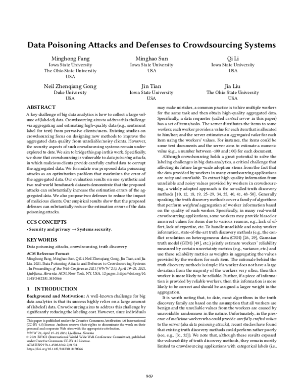 (PDF) Data Poisoning Attacks and Defenses to Crowdsourcing Systems