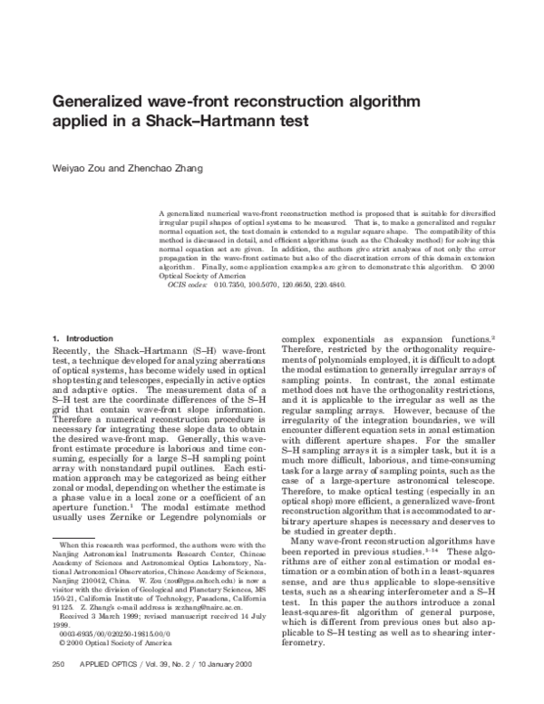 Pdf Generalized Wave Front Reconstruction Algorithm Applied In A