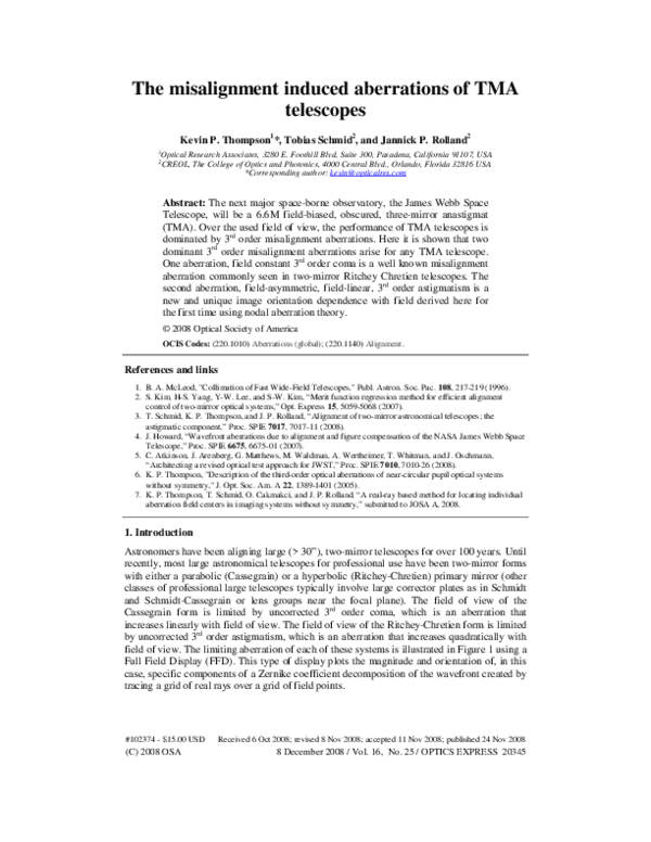 (PDF) The misalignment induced aberrations of TMA telescopes | Jannick ...