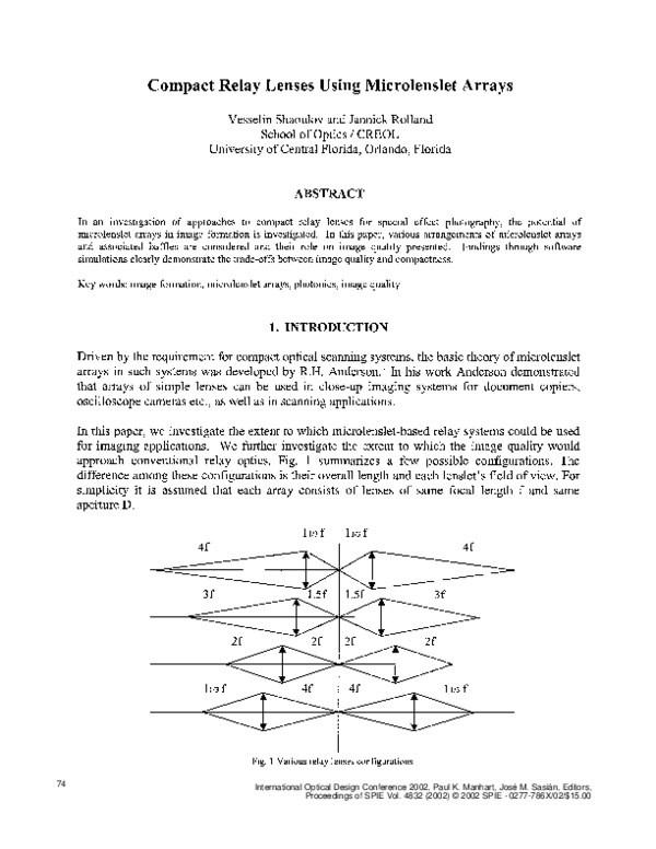 (PDF) Compact relay lenses using microlenslet arrays