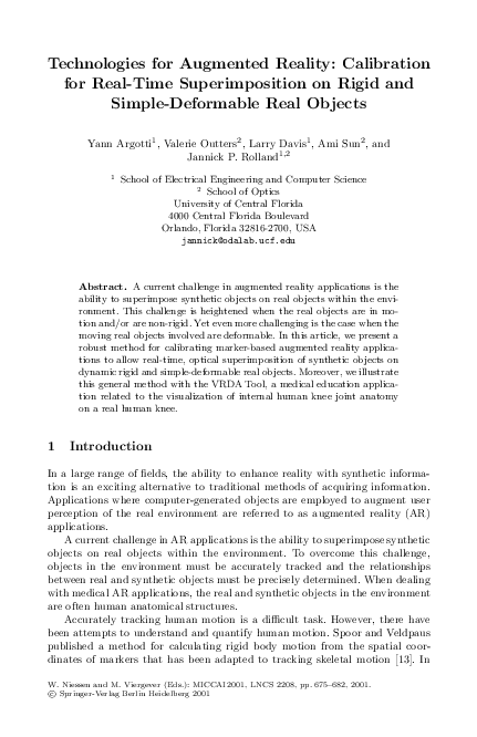 Pdf Technologies For Augmented Reality Calibration For Real Time Superimposition On Rigid And