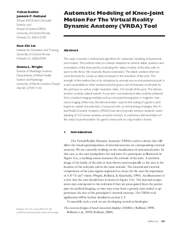 (PDF) Automatic Modeling of Knee-Joint Motion For The Virtual Reality Dynamic Anatomy (VRDA ...