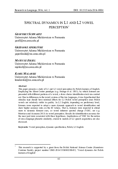 (PDF) Spectral Dynamics in L1 and L2 Vowel Perception