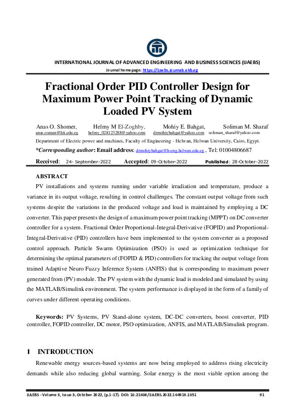 Pdf Fractional Order Pid Controller Design For Maximum Power Point Tracking Of Dynamic Loaded