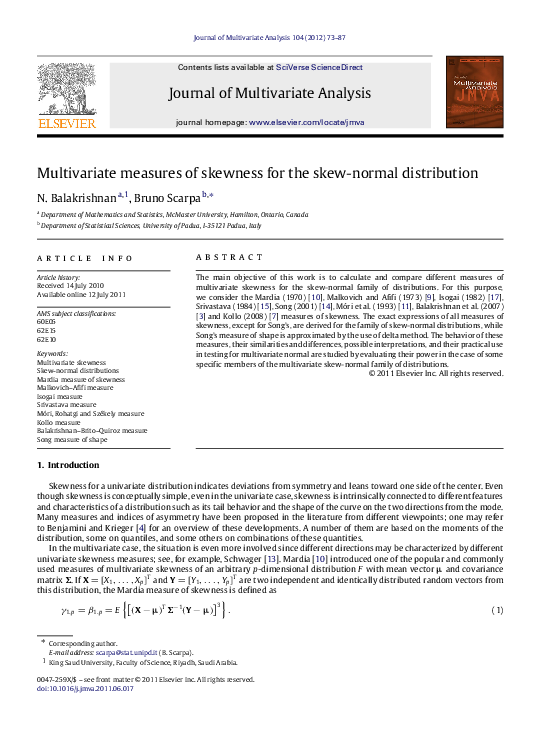 Pdf Multivariate Measures Of Skewness For The Skew Normal Distribution